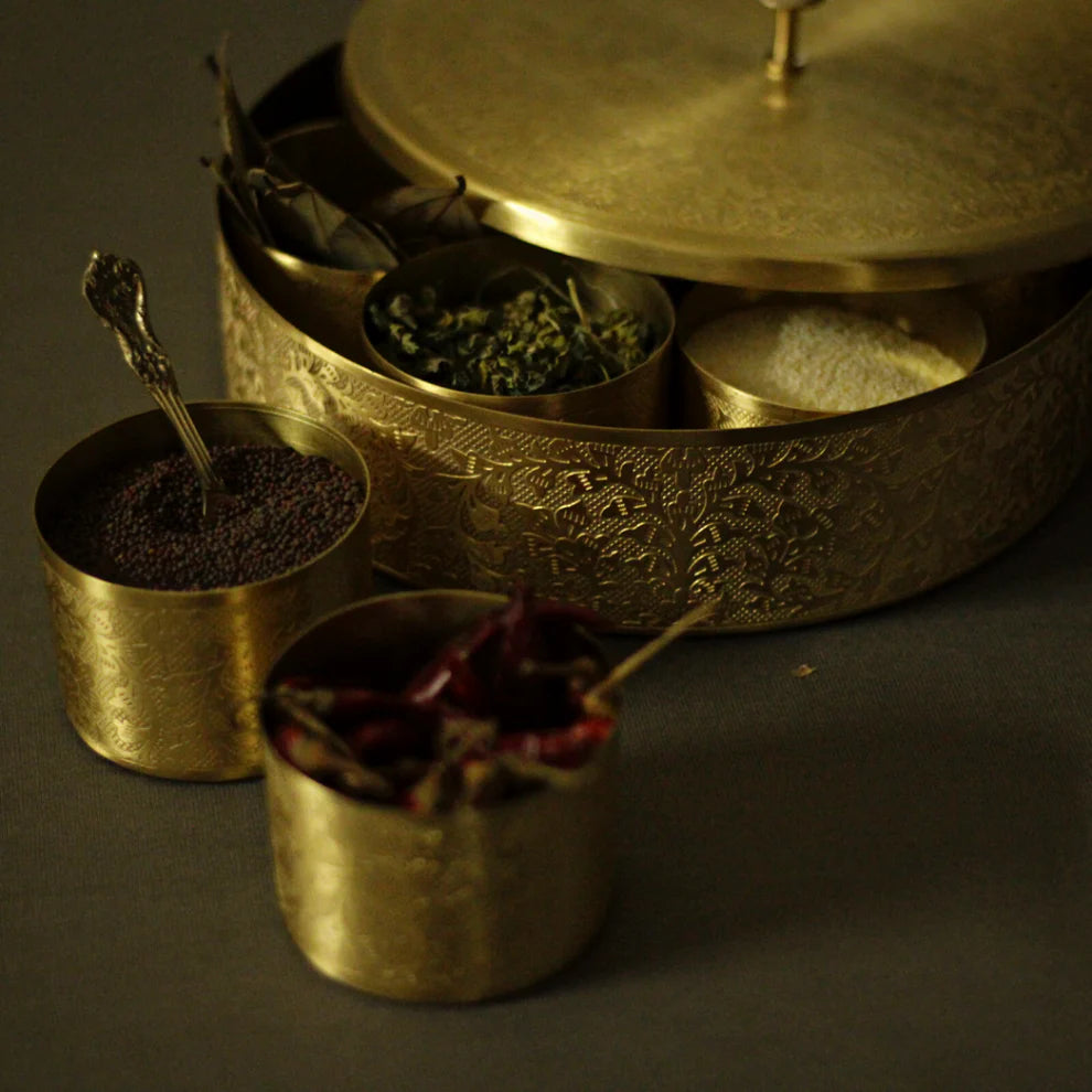 Brass Masala Box In Full Engrave Design (Round) – Lime Metal